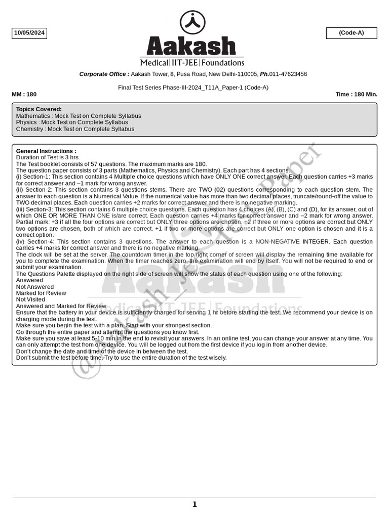 FTS Phase III 2024 Test 11A Paper 1 Code A 10-05-2024 Watermark | PDF ...