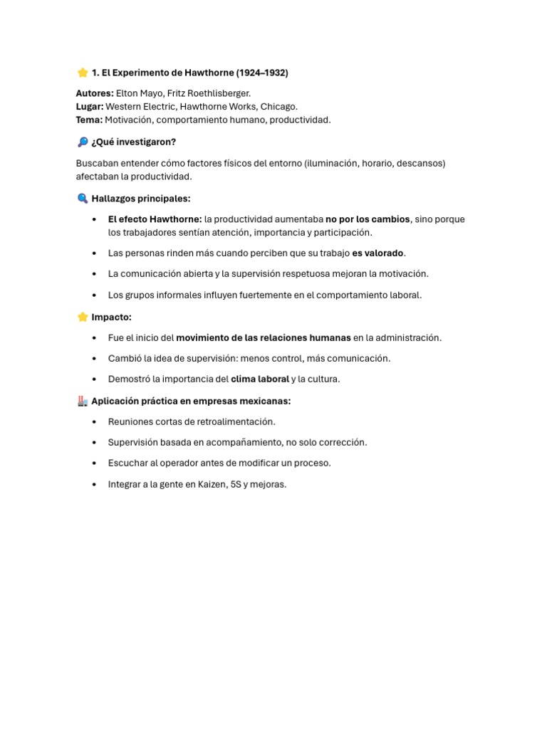 El Experimento de Hawthorne (1924-1932) | PDF