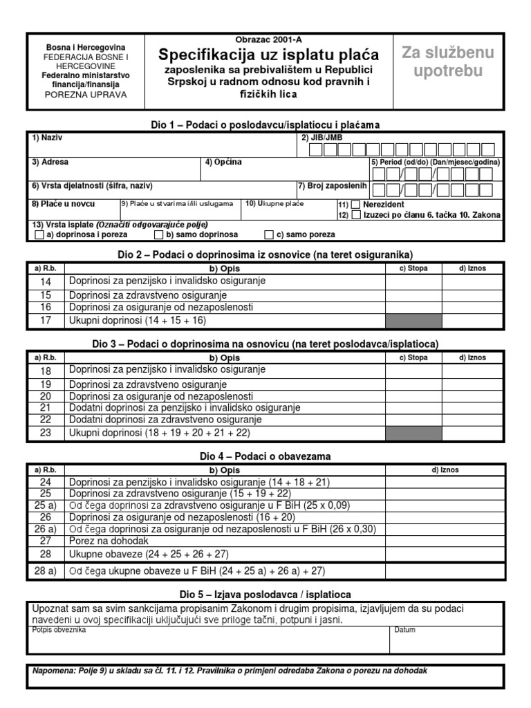 Obrazac 2001-A Specifikacija Uz Isplatu Plaća Zaposlenika Iz RS I BD | PDF