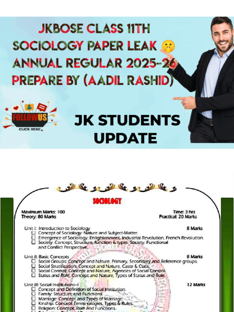 JKBOSE CLASS 11TH SOCIOLOGY GUESS PAPER ANNUAL REGULAR 2025-26 (Aadil ...