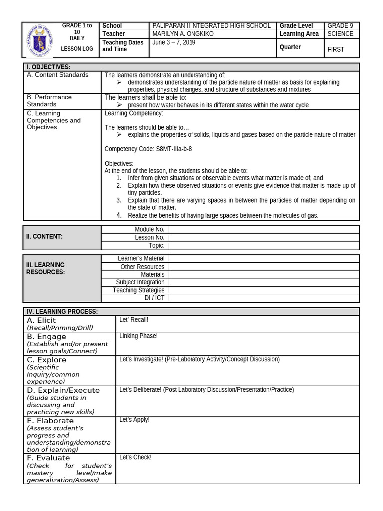7E S Lesson Plan Template | PDF | Matter | Learning
