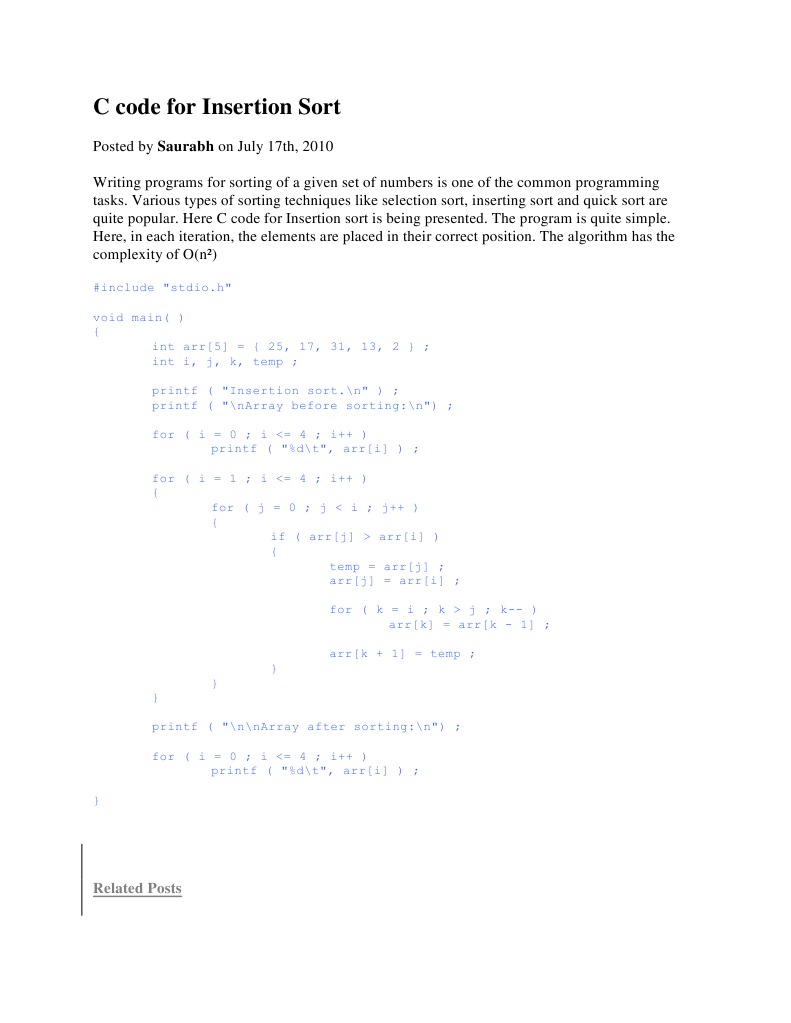 C Code For Insertion Sort | PDF | C (Programming Language) | Code C Code For Insertion Sort | PDF | C (Programming Language) | Code