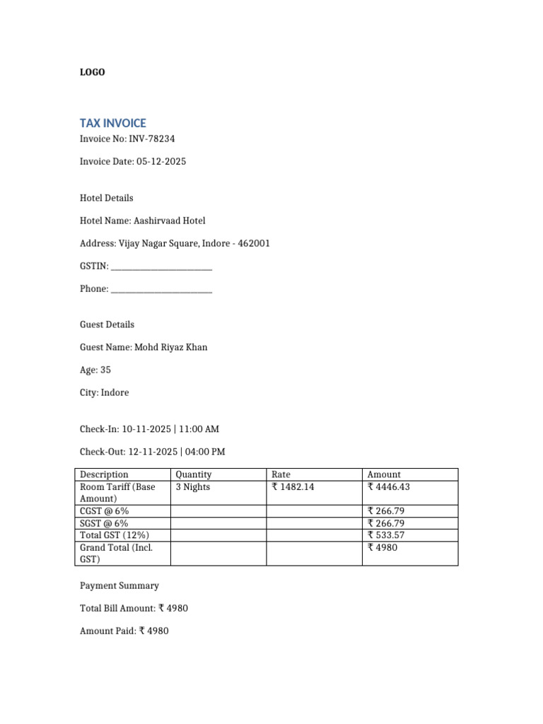 Aashirvaad Hotel Tax Invoice Mohd Riyaz Khan | PDF