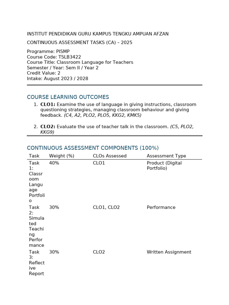 Tslb3422 Continuous Assessment | PDF | Pedagogy | Teachers