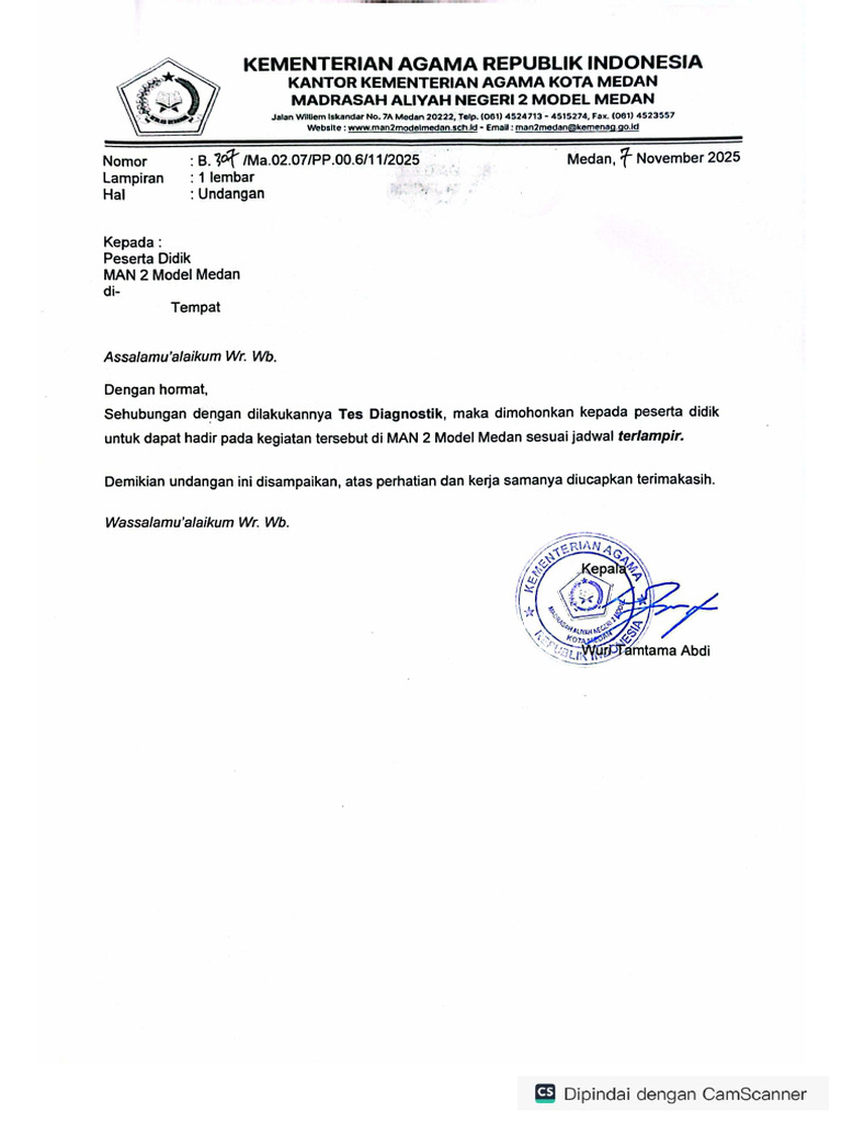 Undangan Susulan Diagnostik Lanjutan MAN 2 Model Medan | PDF