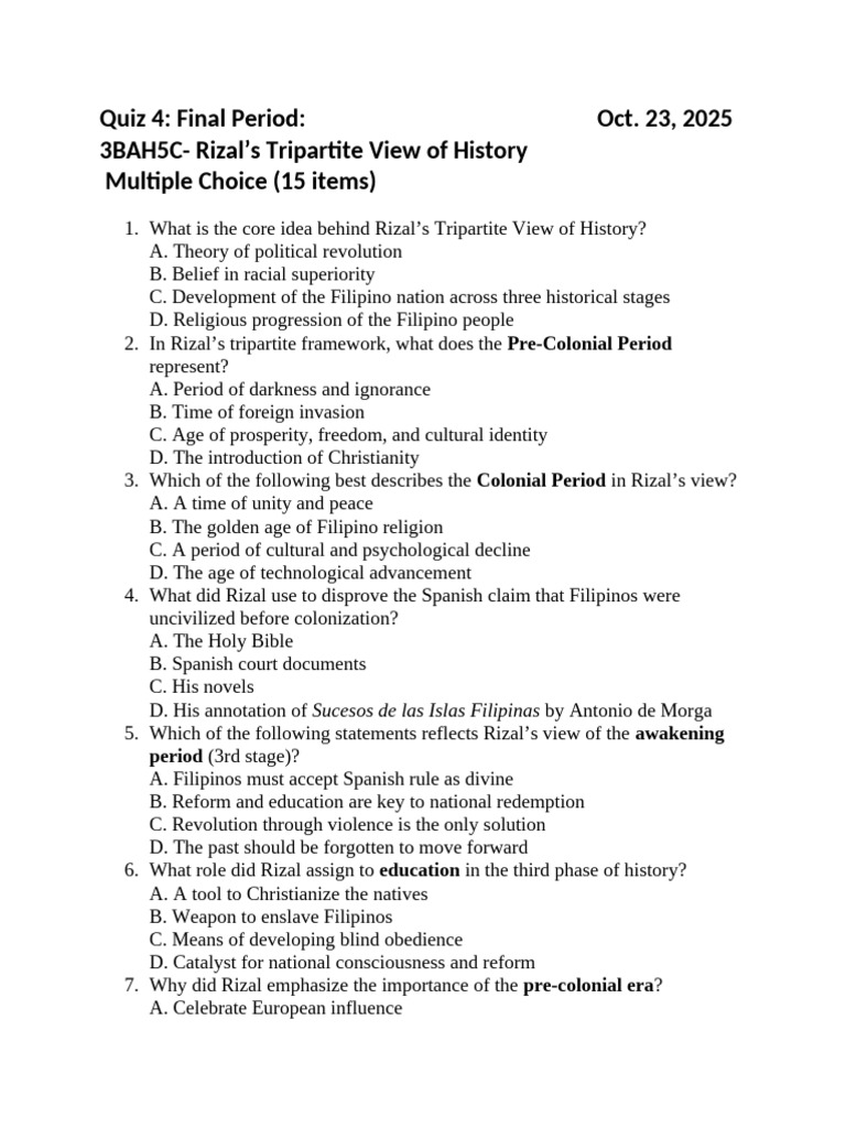 Rizal's Tripartite History Quiz | PDF | Philippines | Colonialism