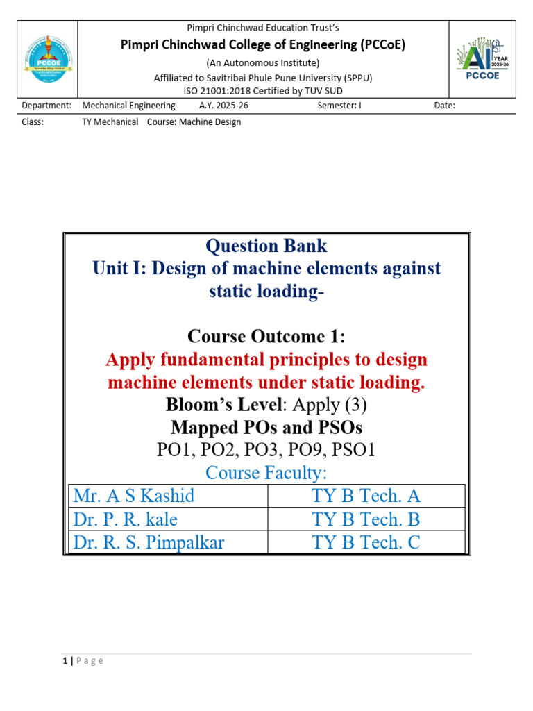 Machine Design 2025-26 Question Bank | PDF | Strength Of Materials ...