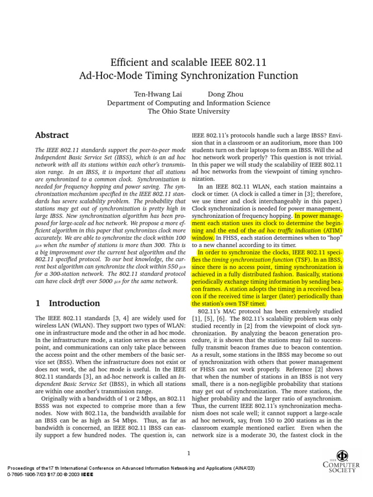 Efficient and Scalable IEEE 802.11 Ad-Hoc-Mode Timing Synchronization Function | PDF | Wireless ...