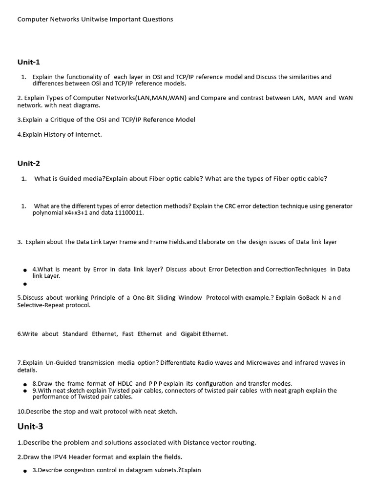 Computer Networks Unitwise Important Questions - Docx - 20251201 ...
