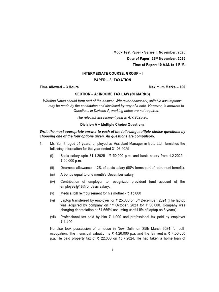 Taxation Mock Test Paper November 2025 | PDF | Expense | Payments