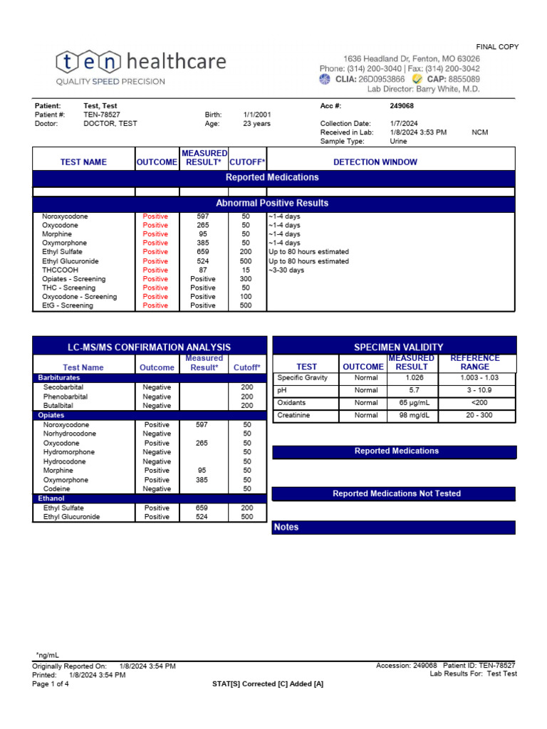 Urine Drug Test Results Summary | PDF | Oxycodone | Clinical Medicine
