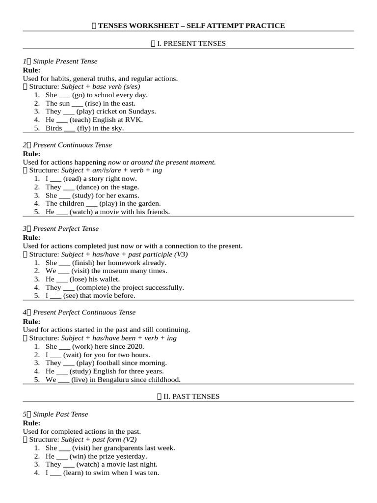 Tenses Worksheet for Practice | PDF | Verb | Grammatical Tense