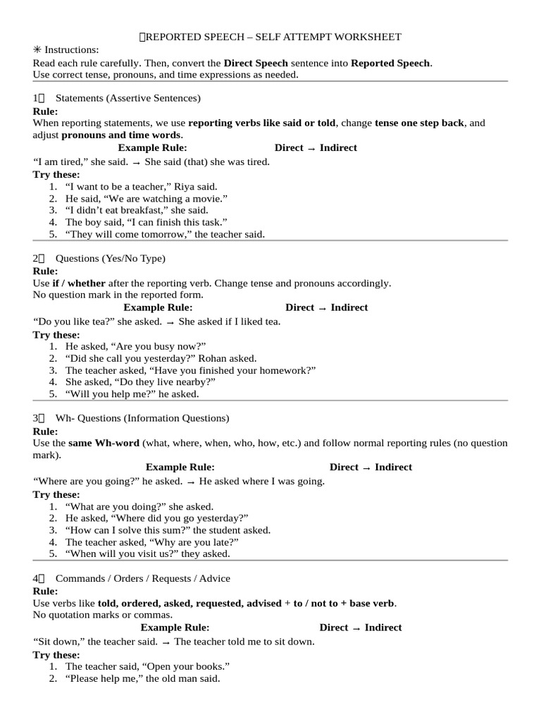 Reported Speech Practice Worksheet | PDF | Question | Language Mechanics