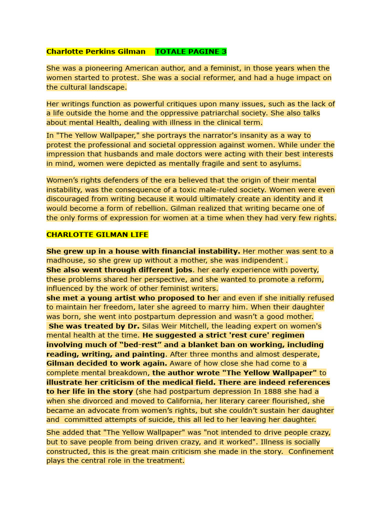 Charlotte Perkins Gilman: Feminist Critique | PDF | The Yellow Wallpaper