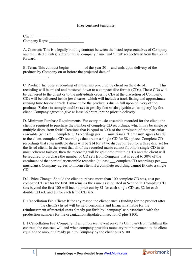Free Contract Template: Sample Copy - Downloaded From | PDF | Compact ...