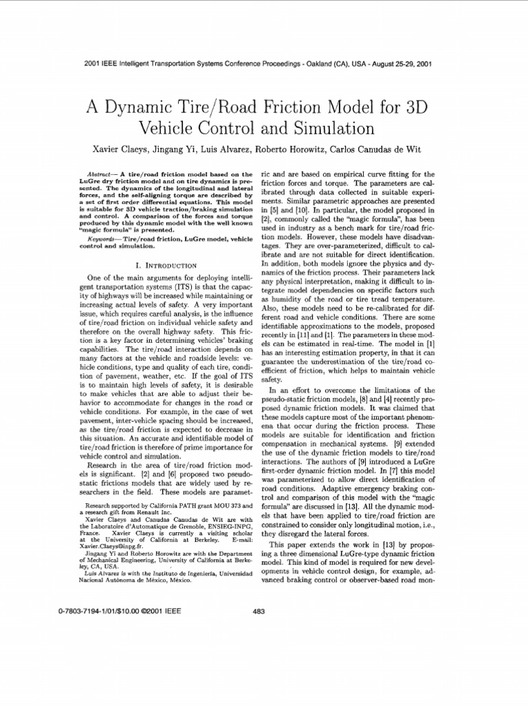 Dynamic Tire/Road Friction Vehicle and Simulation: Model For Control ...