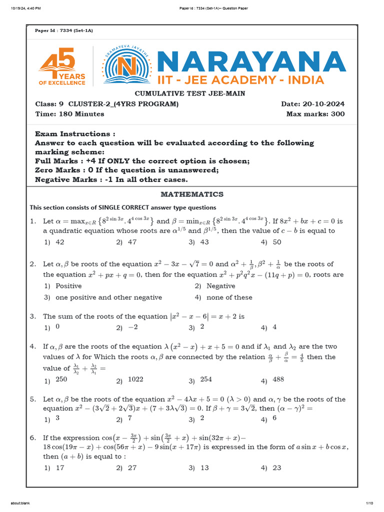 Cluster-2 (4yrs-9th A-Star) Cumulative Test Jee-Main (20!10!2024) 7334 ...