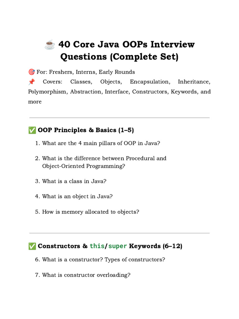 ☕ 40 Core Java OOPs Interview Questions (Complete Set) | PDF | Method (Computer Programming ...
