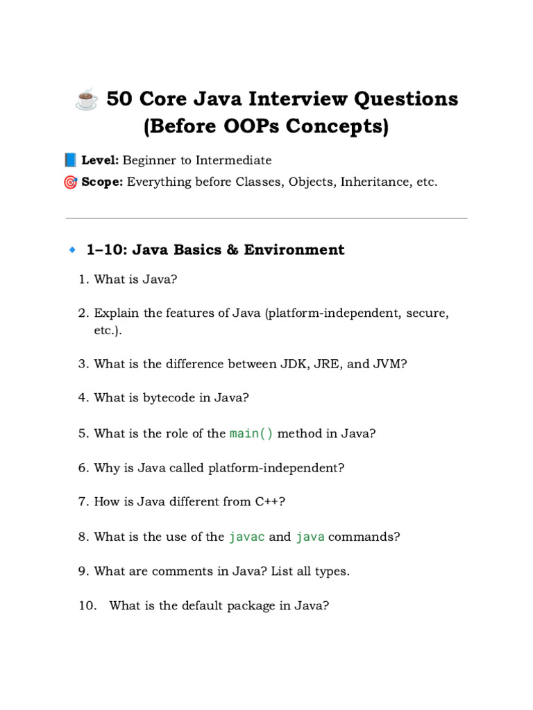 ☕ 50 Core Java Interview Questions (Before OOPs Concepts) | PDF ...
