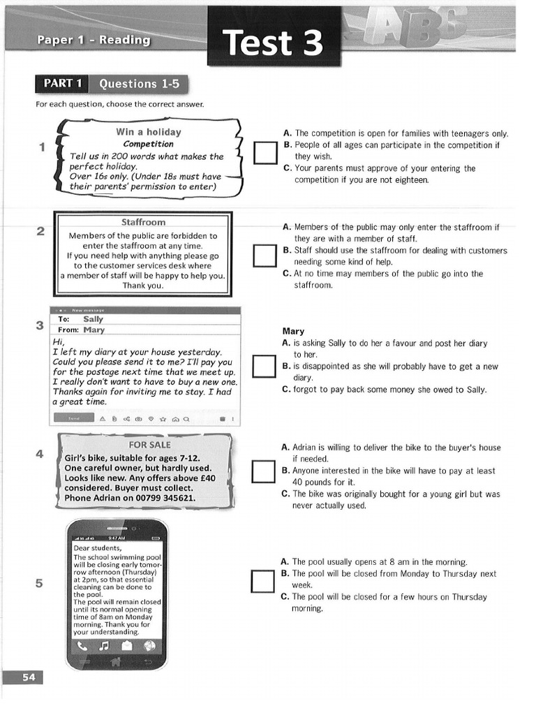 Pet Practice Test - Reading & Writing | PDF