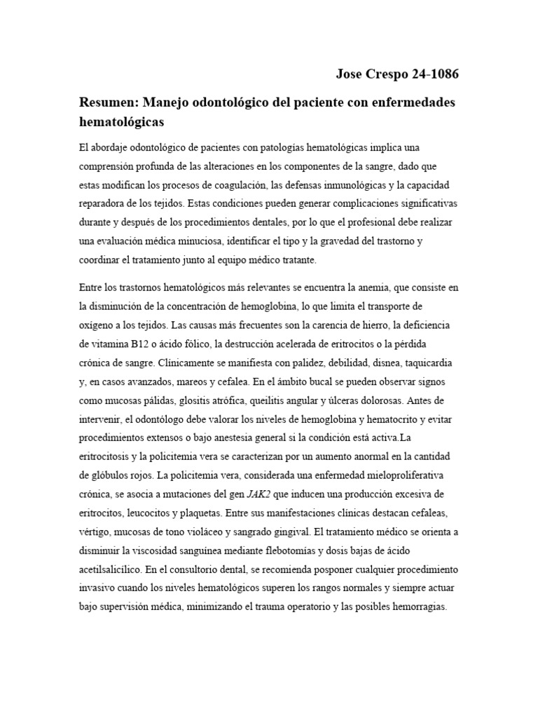 Resumen Manejo Odontologico Hematologicas+Jose+Crespo+24-1086 | PDF ...
