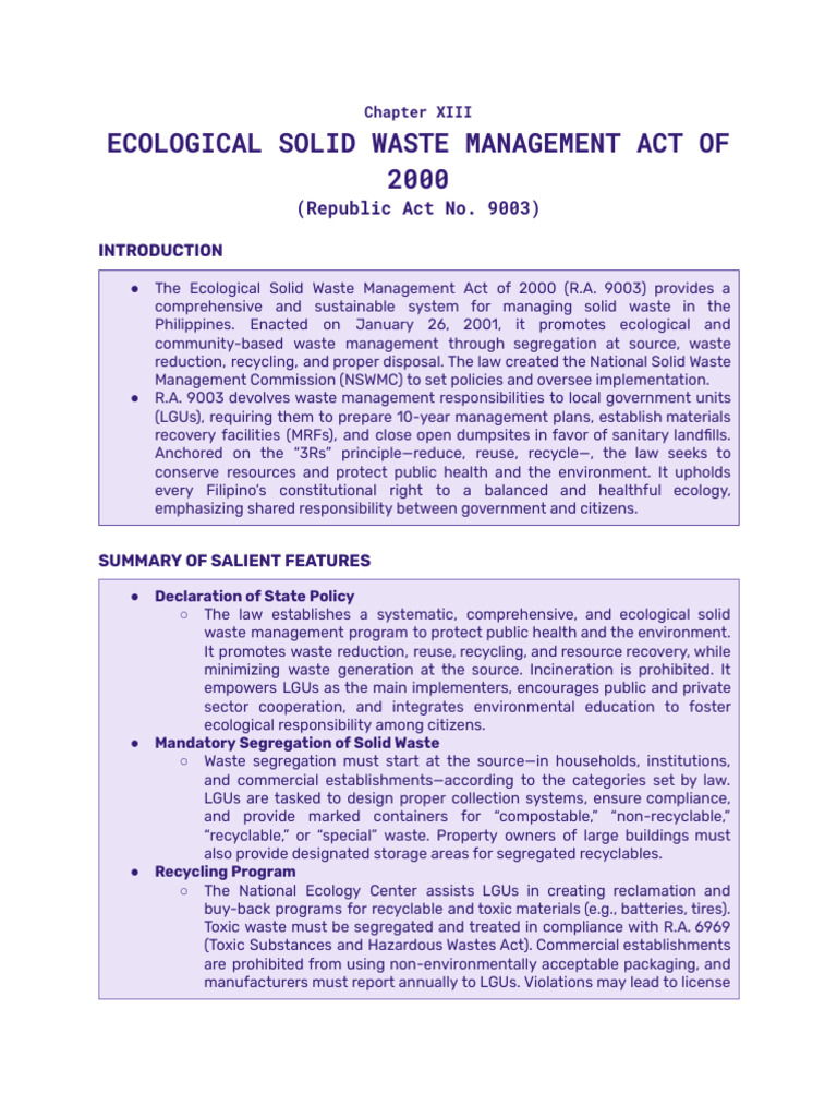 Ecological Solid Waste Management Act Overview | PDF | Waste Management ...