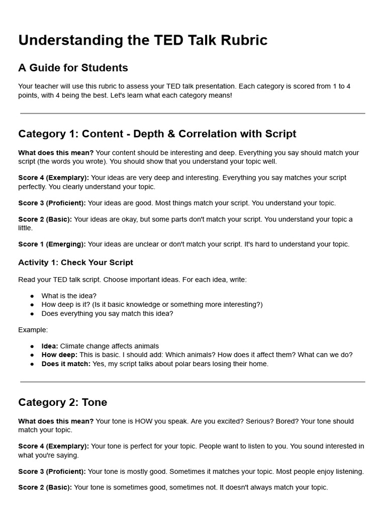TED Talk Presentation Assessment Guide | PDF | Body Language | Human ...