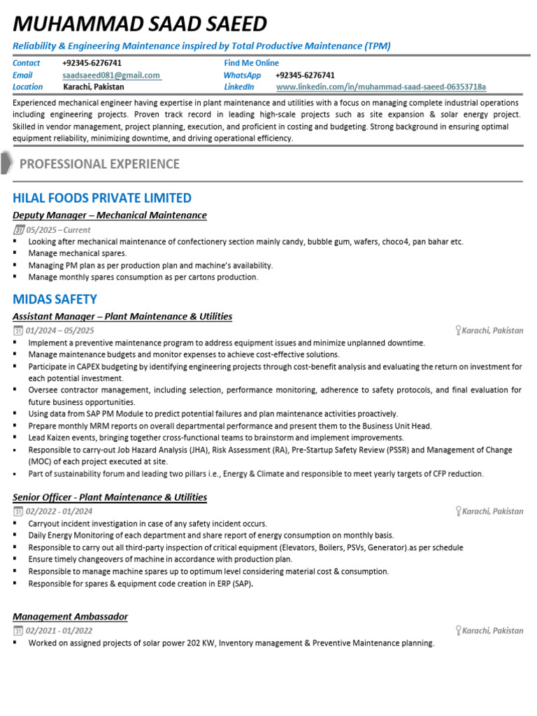 M Saad Saeed - Resume (1) | PDF | Reliability Engineering