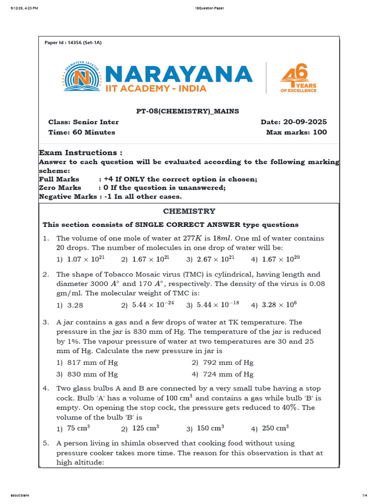 14356 Pt-08(Chemistry) Mains.qp | PDF | Gases | Oxygen