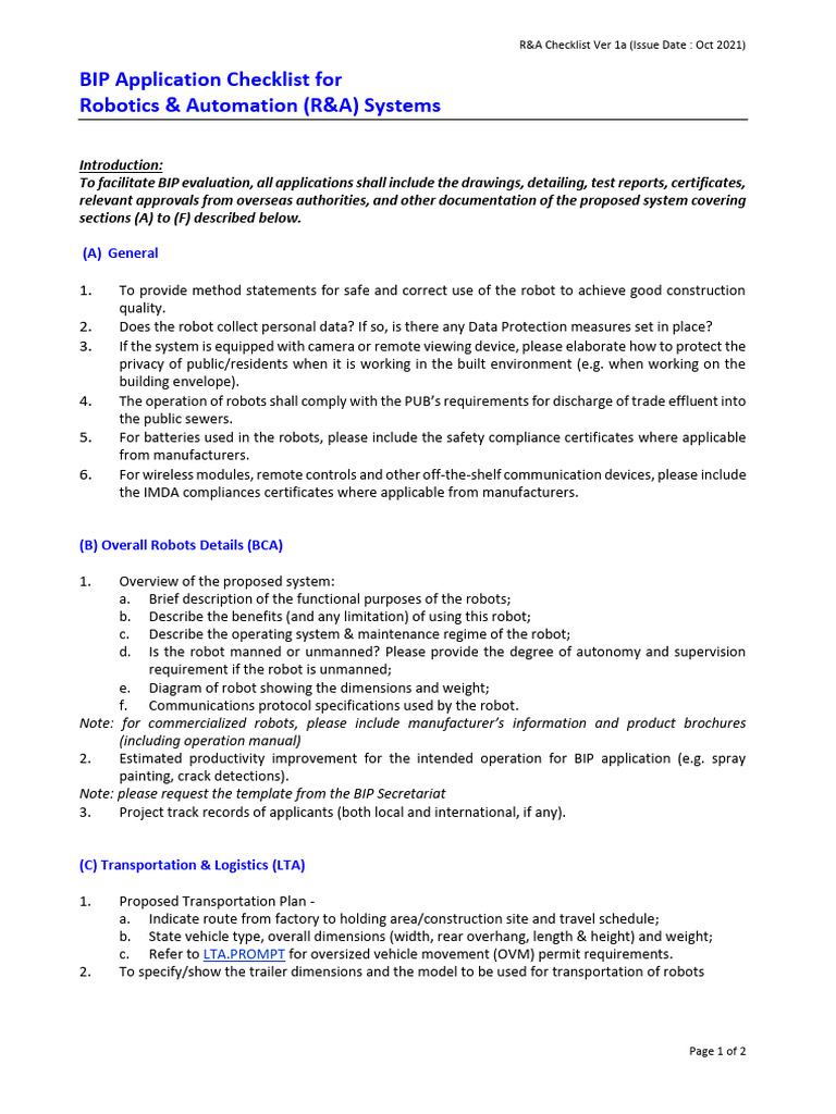 Robotics & Automation BIP Application Checklist | PDF | Robot | Robotics
