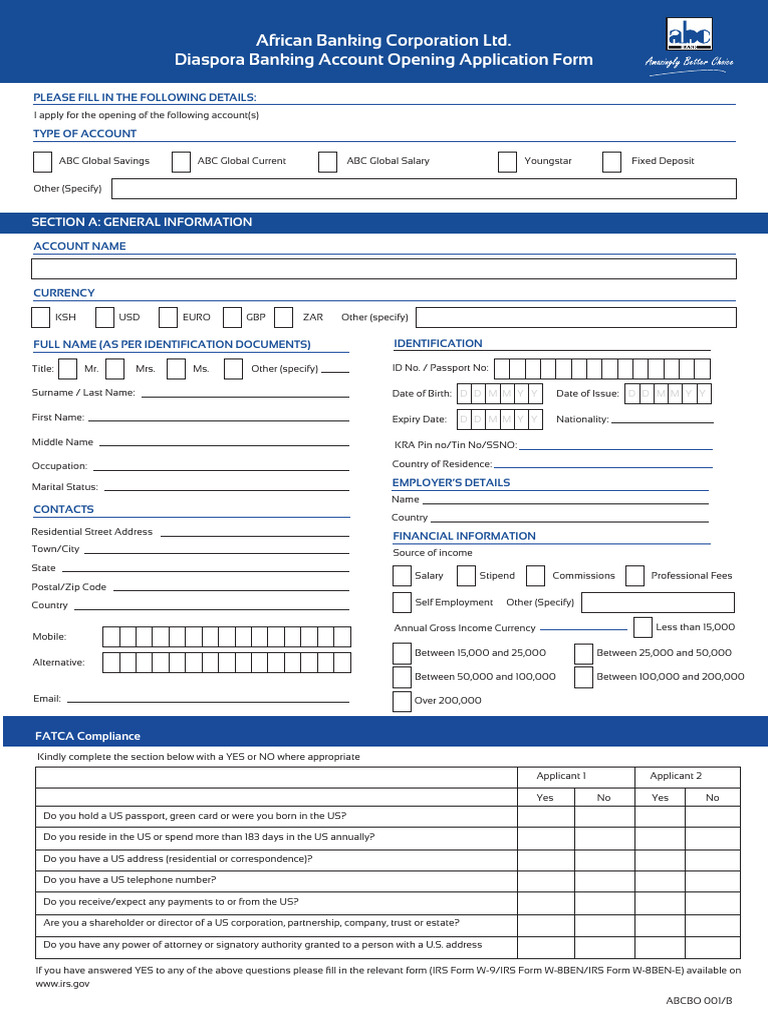 African Banking Corporation Account Form | PDF | Payments | Online Banking