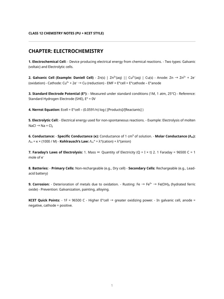 Electrochemistry Notes (Pu & Kcet Style Me) | PDF