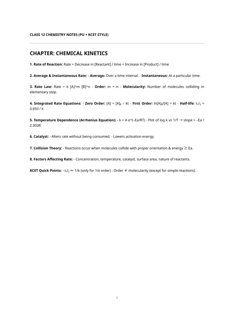 Class 12 Chemistry: Chemical Kinetics Notes | PDF