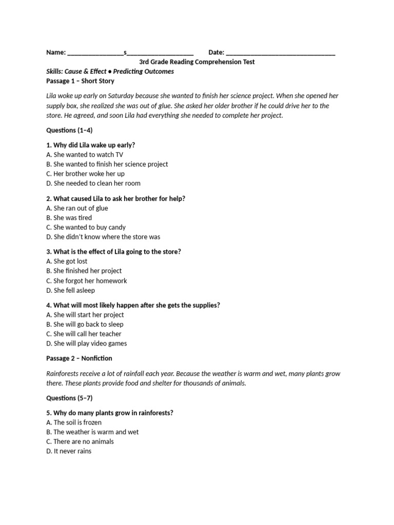 Cause and Effect and Predicting Outcomes Reading Comprehension Test 3rd ...