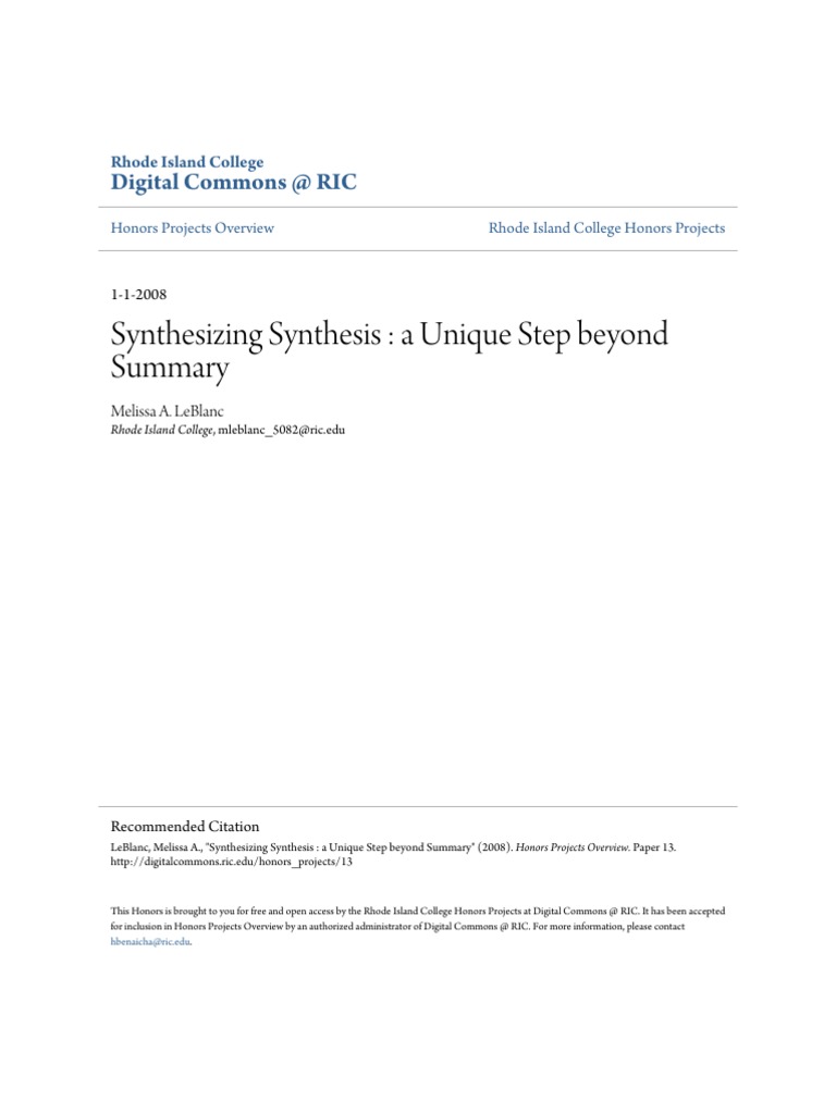 Synthesizing Synthesis: A Unique Step Beyond: Digital Commons at RIC | PDF | Reading ...