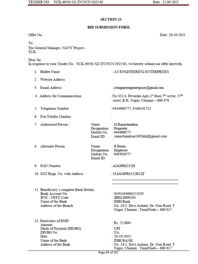 A3 Engineering Enterprises - Bid Submission Form | PDF