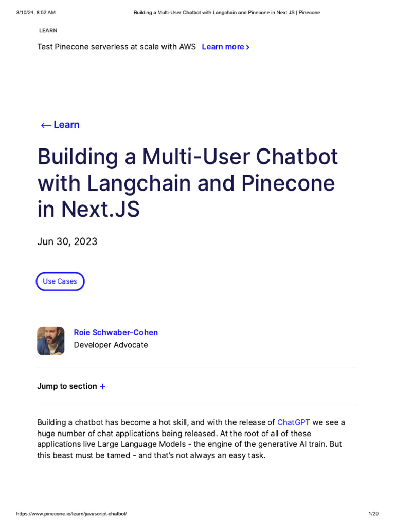 Building a Multi-User Chatbot with Langchain and Pinecone in Next.JS _ Pinecone | PDF ...