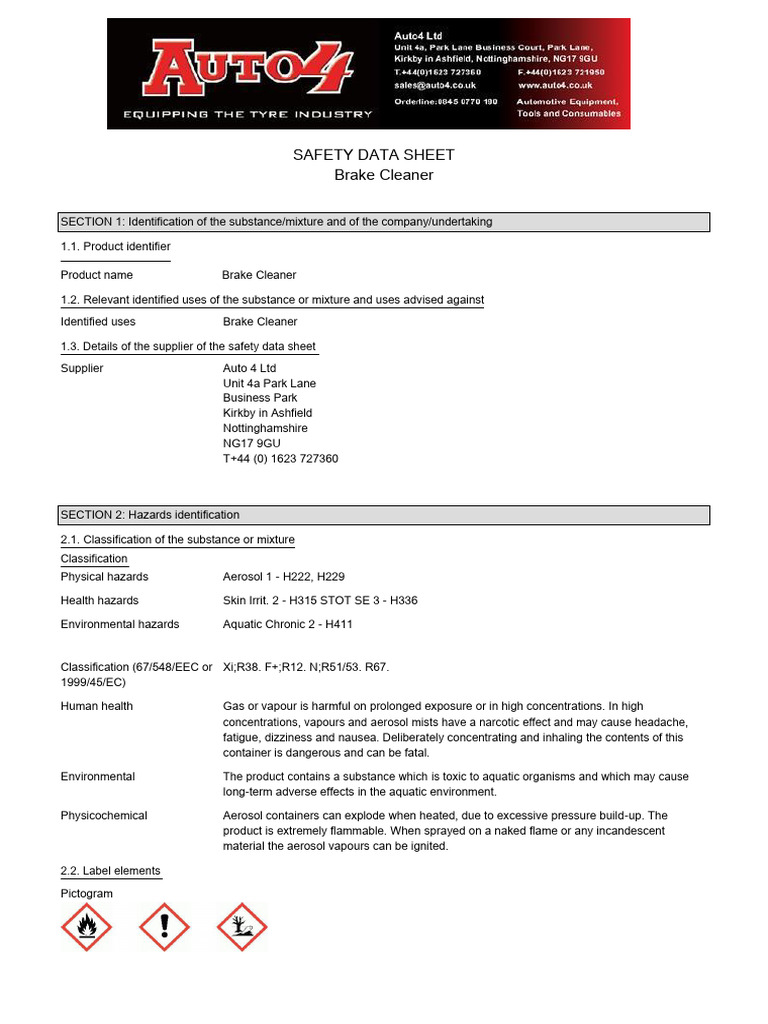 Brake Cleaner Safety Data Sheet | PDF | Occupational Safety And Health ...