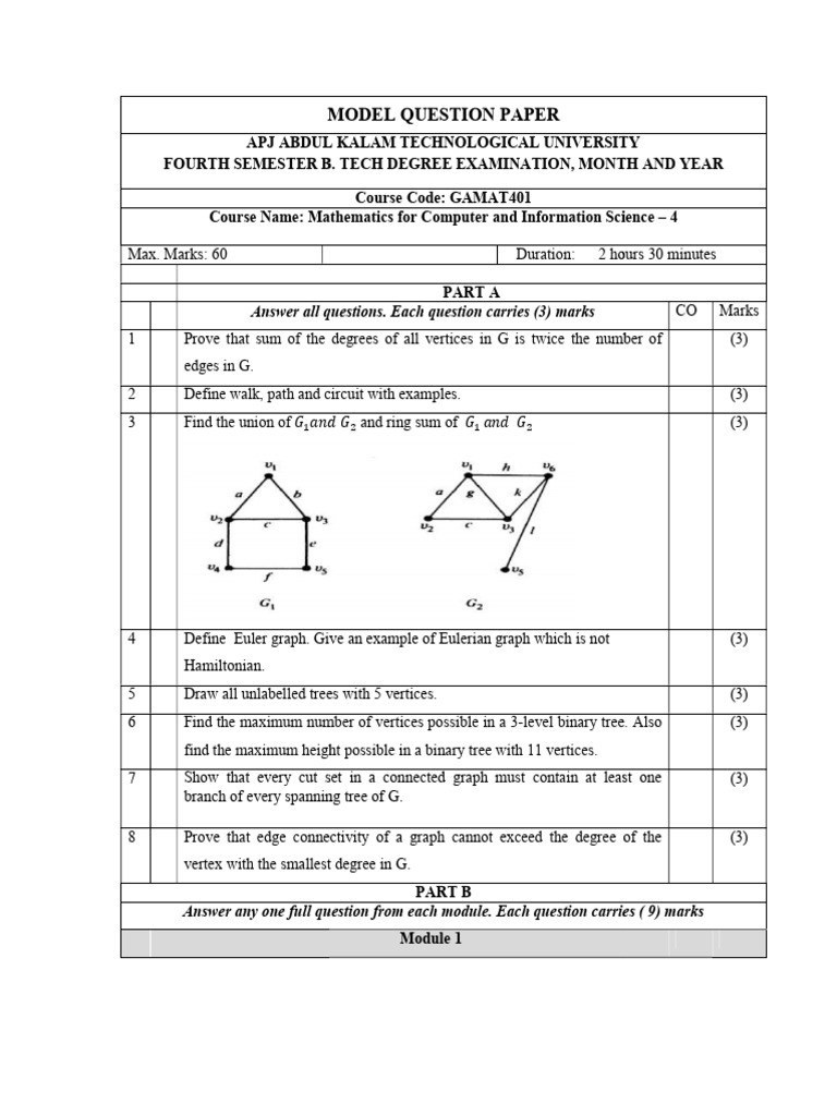 B.Tech Mathematics Exam Model Paper | PDF | Vertex (Graph Theory ...