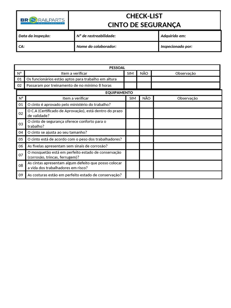 Checklist - Cinto de Segurança Para Trabalho Em Altura | PDF
