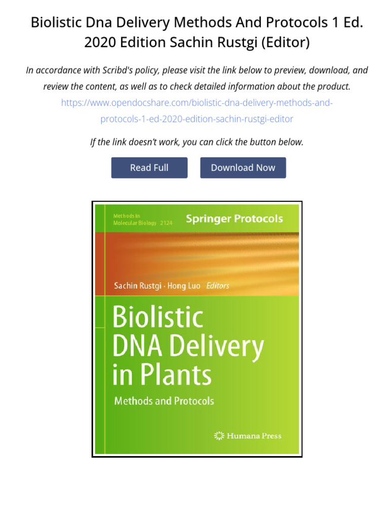 Biolistic DNA Delivery Methods and Protocols 1 Ed. 2020 Edition Sachin ...