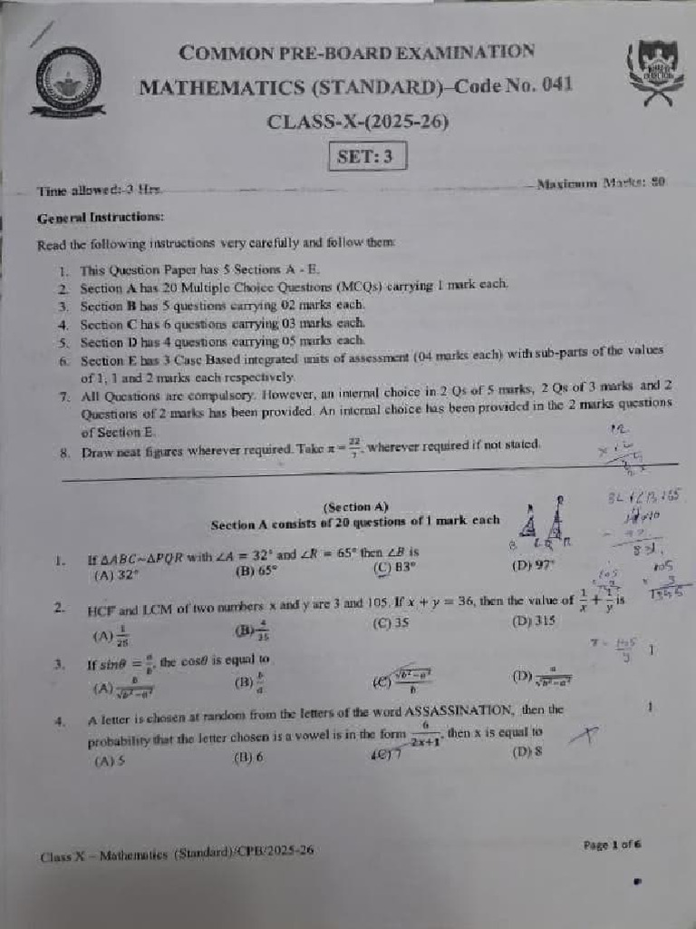 Math 10th Grade Pre-Board QP Set-3 | PDF