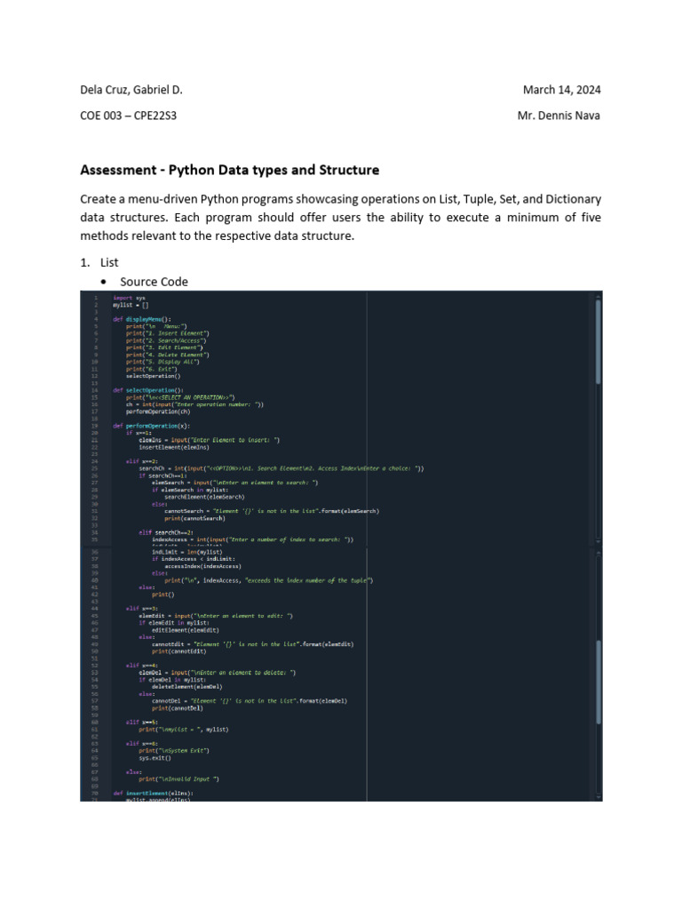 Assessment - Python Data Types and Structure (Dela Cruz, Gabriel D.) | PDF