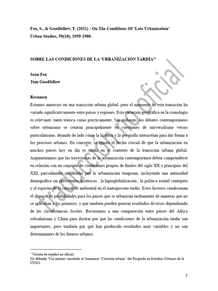FOX GOODFELLOW 2021 on the Conditions of Late Urbanisation ESP | PDF ...