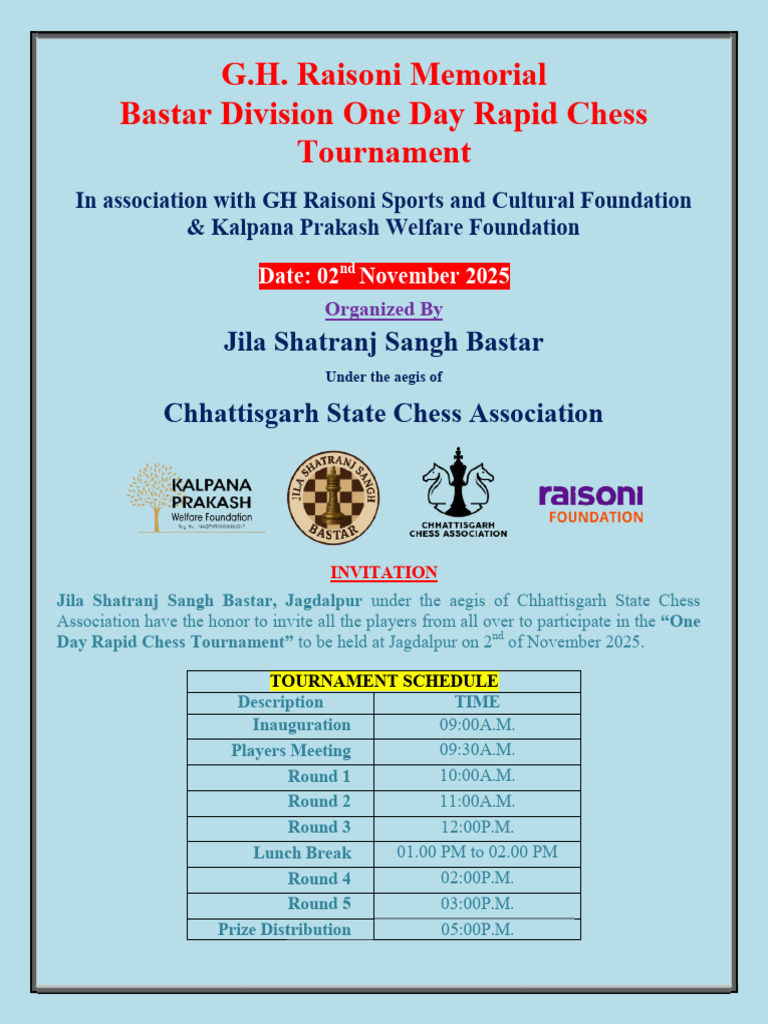 GH Raisoni Memorial Chess Tournament Bastar 2025 | PDF | Arbitration | Abstract Strategy Games