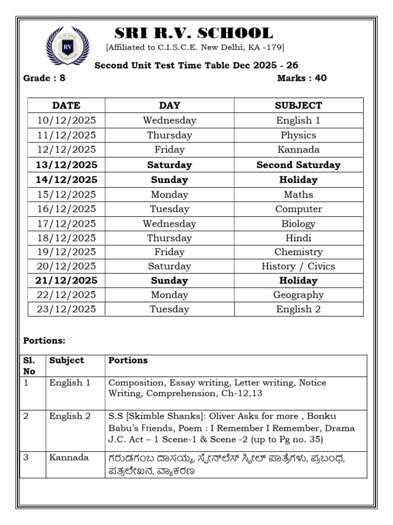 Grade 8 Second Unit Test Time Table and Portion | PDF
