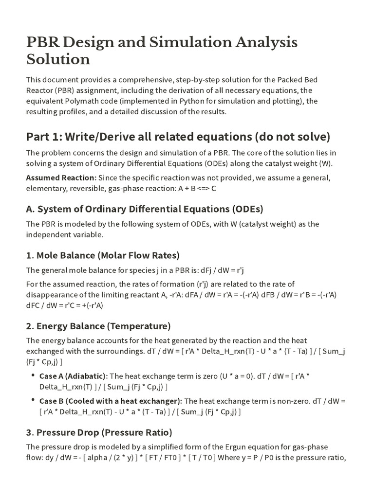 PBR Design and Simulation Analysis Solution | PDF | Equations | Chemical Reactions