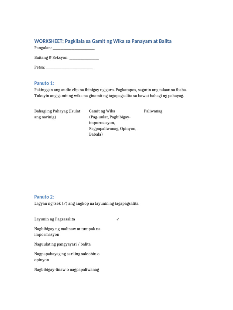 Worksheet Gamit NG Wika | PDF