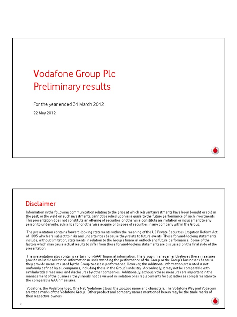 Vodafone Group PLC Preliminary Results: Disclaimer | PDF | Dividend | Mergers And Acquisitions