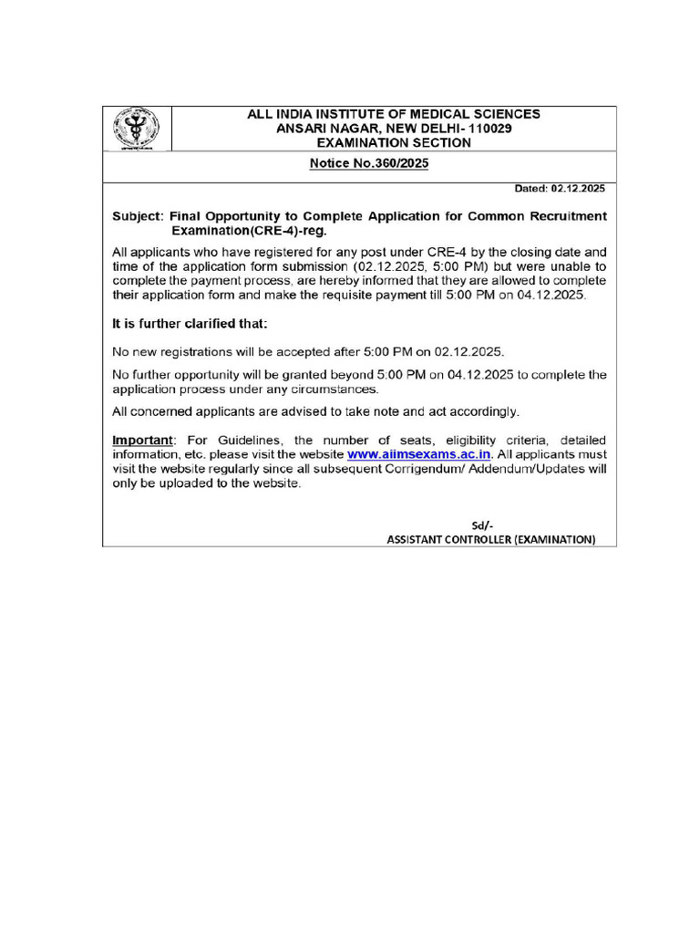 AIIMS 2025 CRE Application Form Date Extend | PDF